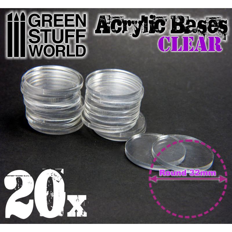 GSW Acrylic Round Clear bases 32mm (3mm) x 20 - Tabletopbattle